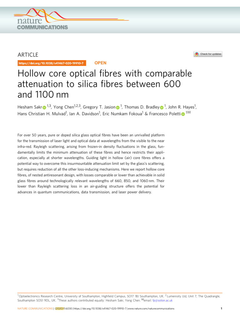 Hollow Core Optical Fibres With Comparable Attenuation To Silica Fibres ...