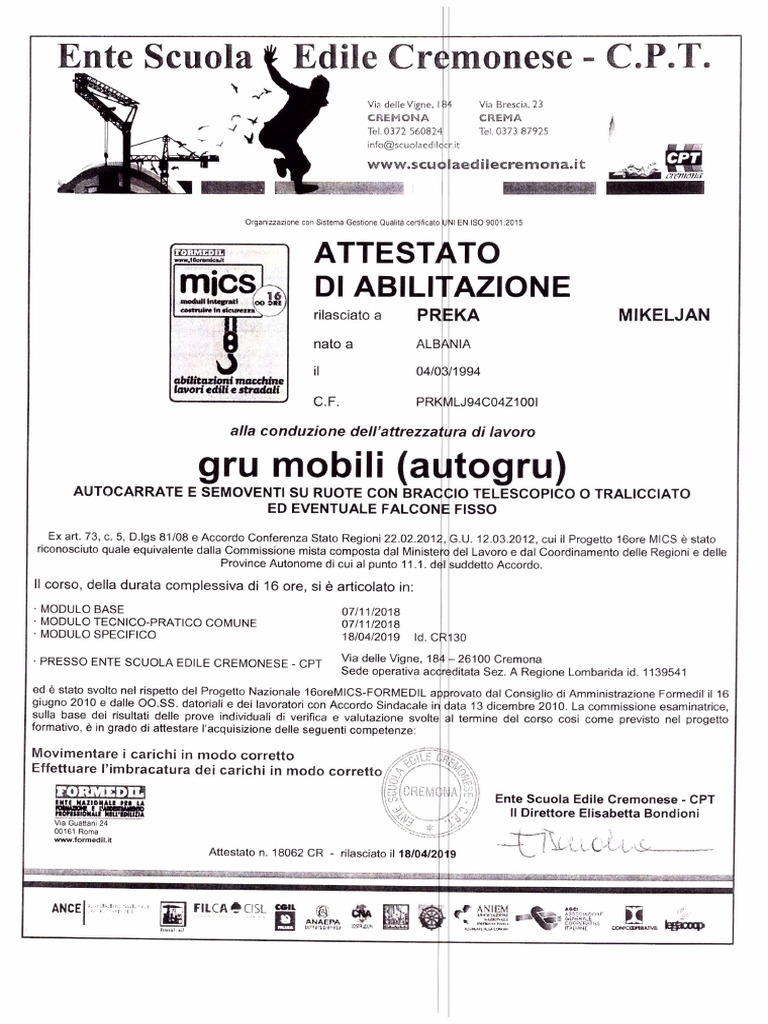 Preka Mikeljan- Attestato Gru Mobili (Autogru) | PDF