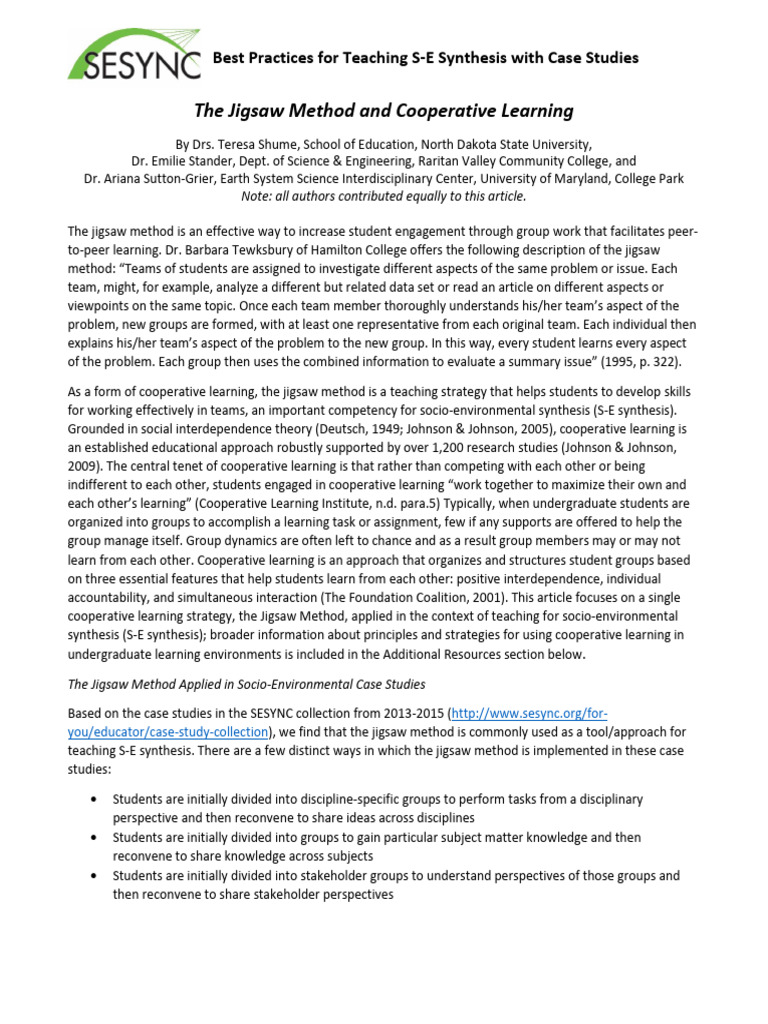 Ses Case Study Best Practices Jigsaw and Cooperative Learning | PDF | Learning | Cognition