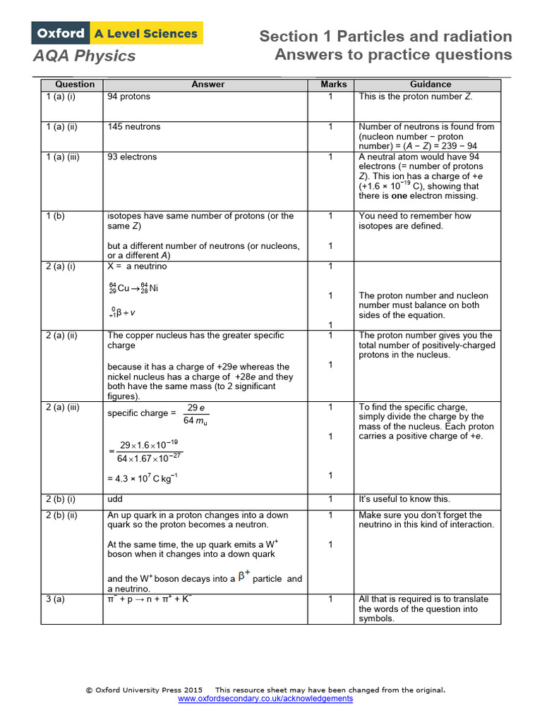 AQA as Physics Section 1 Answers | PDF | Proton | Electron