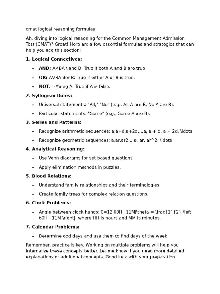 Cmat Logical Reasoning Formulas | PDF
