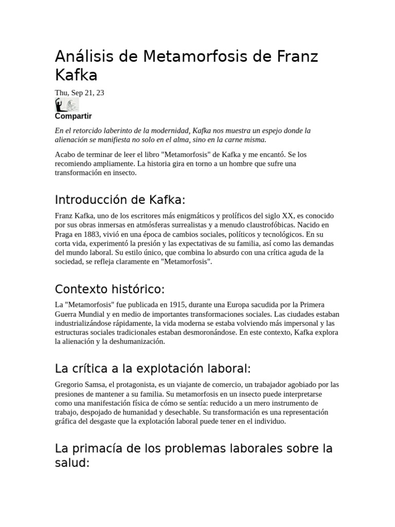 Análisis de Metamorfosis de Franz Kafka | PDF | Franz Kafka | La ... Análisis de Metamorfosis de Franz Kafka | PDF | Franz Kafka | La ...