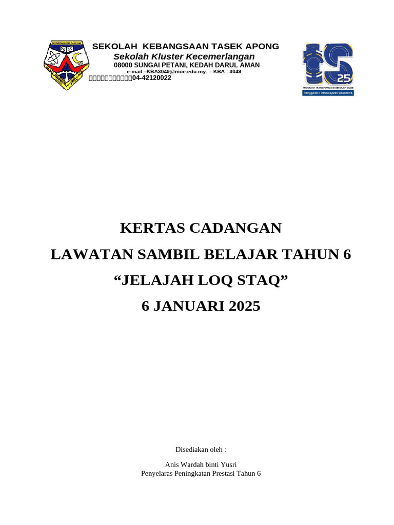 Kertas Cadangan Lawatan Tahun 6 | PDF