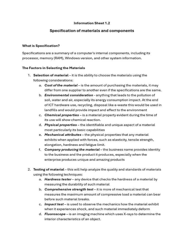 Information Sheet 1.2 - Specification of Materials and Components | PDF ...