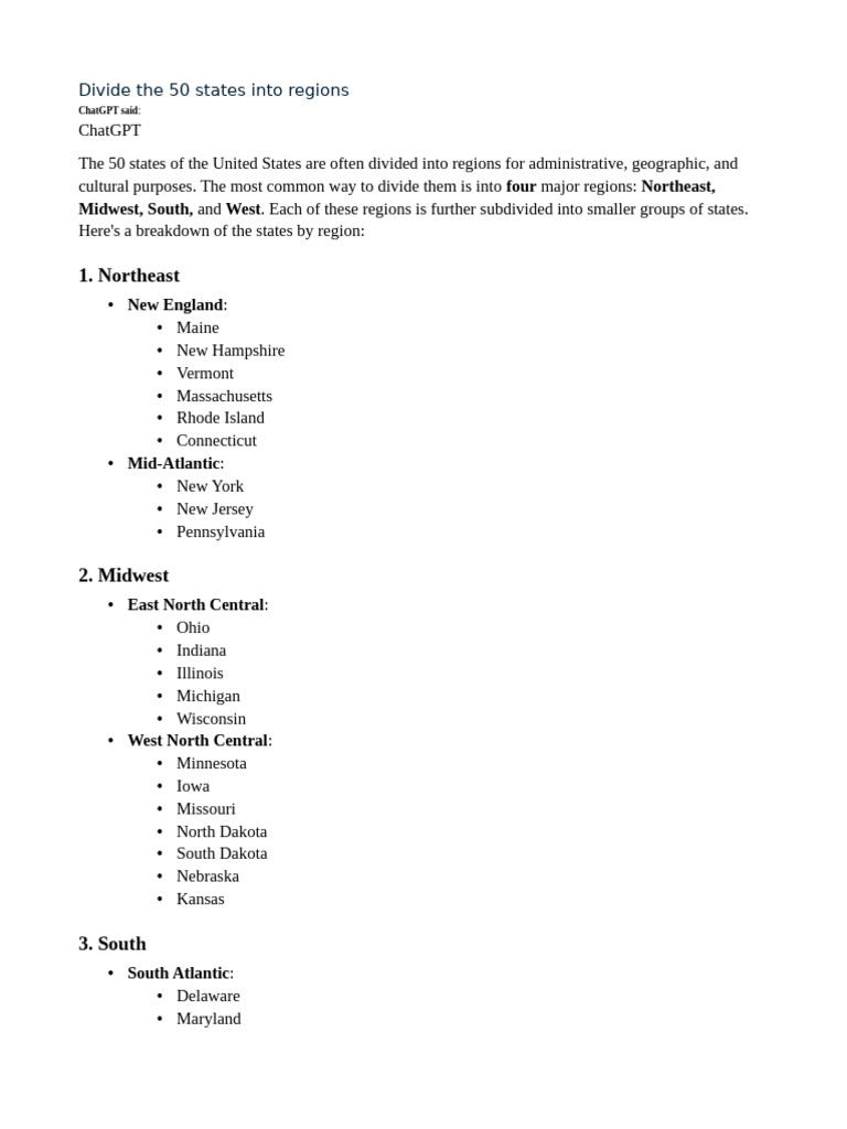 US 50 States in 4 Regions and Subdivisions | PDF