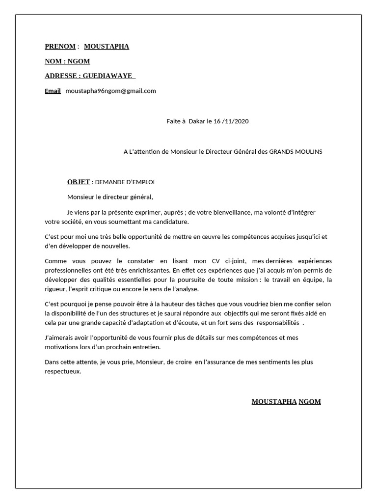 Demande d'emploi de Moustapha Ngom | PDF