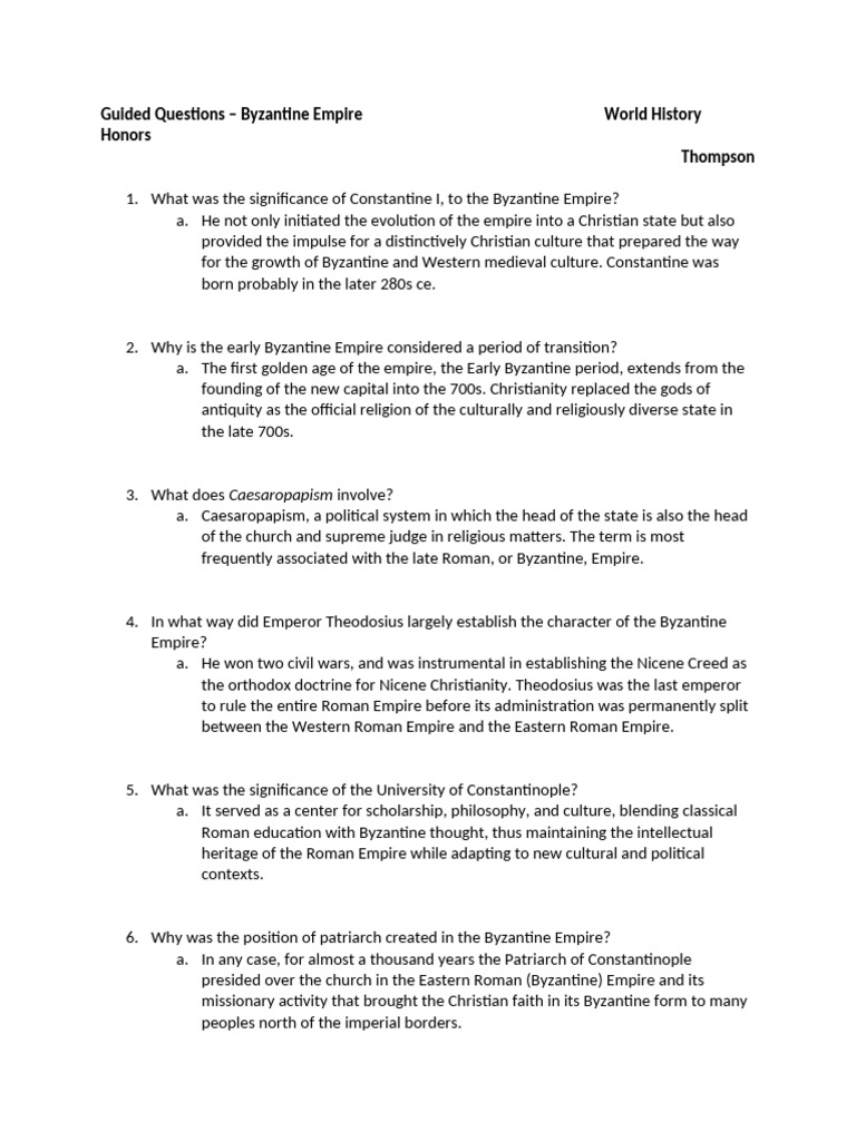 Guided Questions - Byzantine Empire (1) | PDF | Byzantine Empire ...