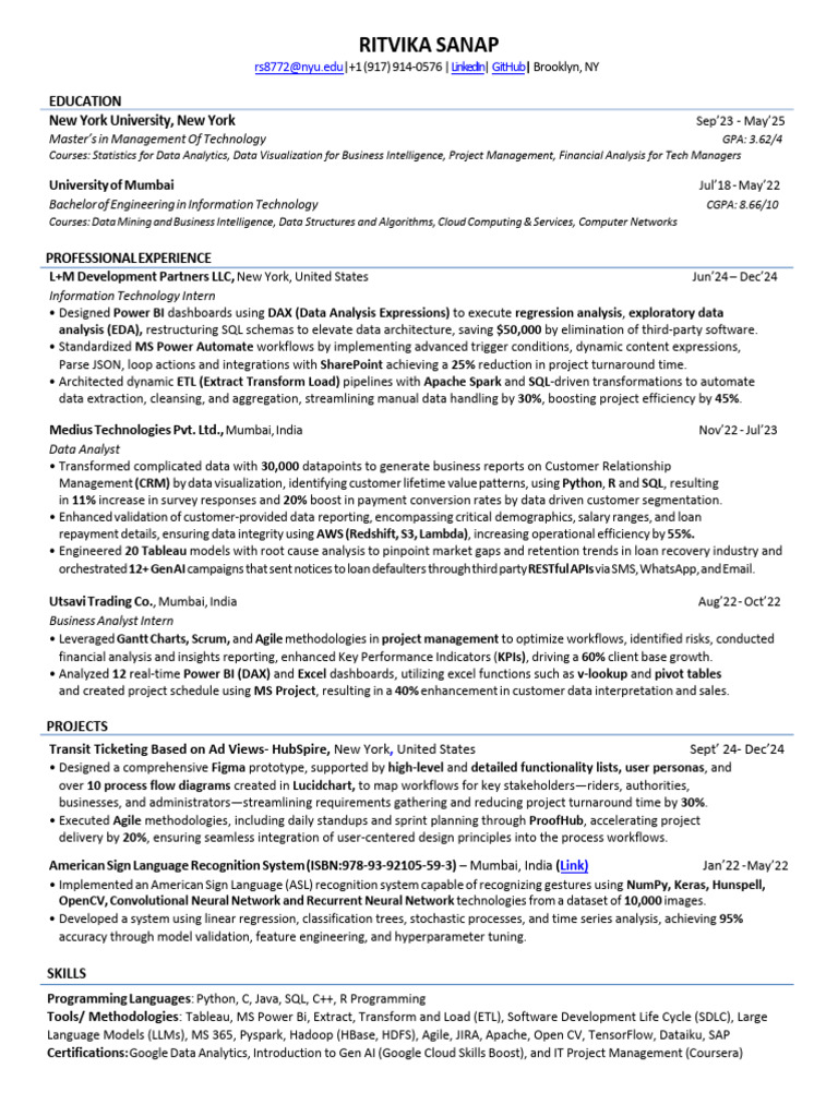 Ritvika_resume (10) | PDF | Data Analysis | Apache Spark