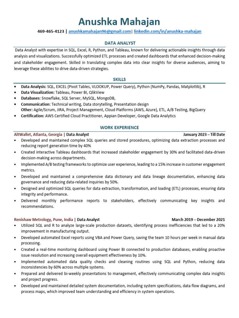 anushka_mahajan_Resume_ | PDF | Data Analysis | Data