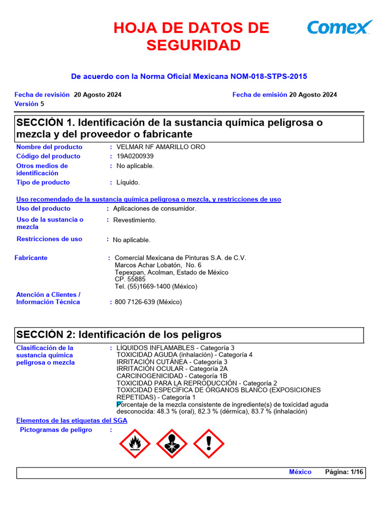 Seguridad - Pintura Comex Velmar | PDF | Química