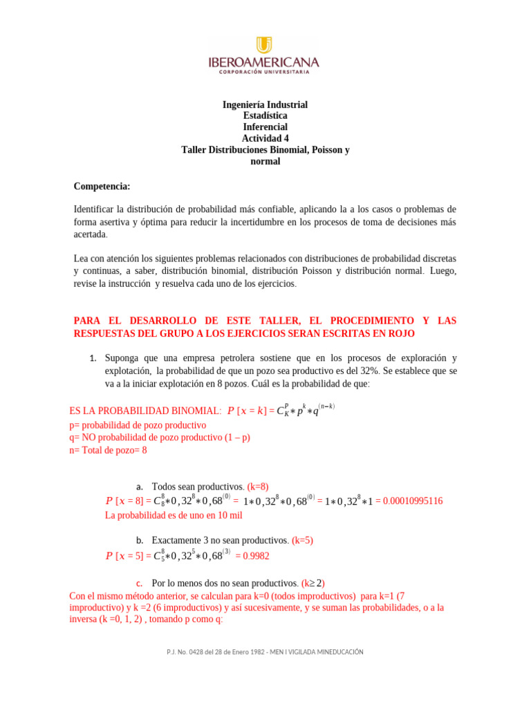 Actividad 4. Distribuciones Binomial, Poisson y Normal Resuelto | PDF | Probabilidad ...