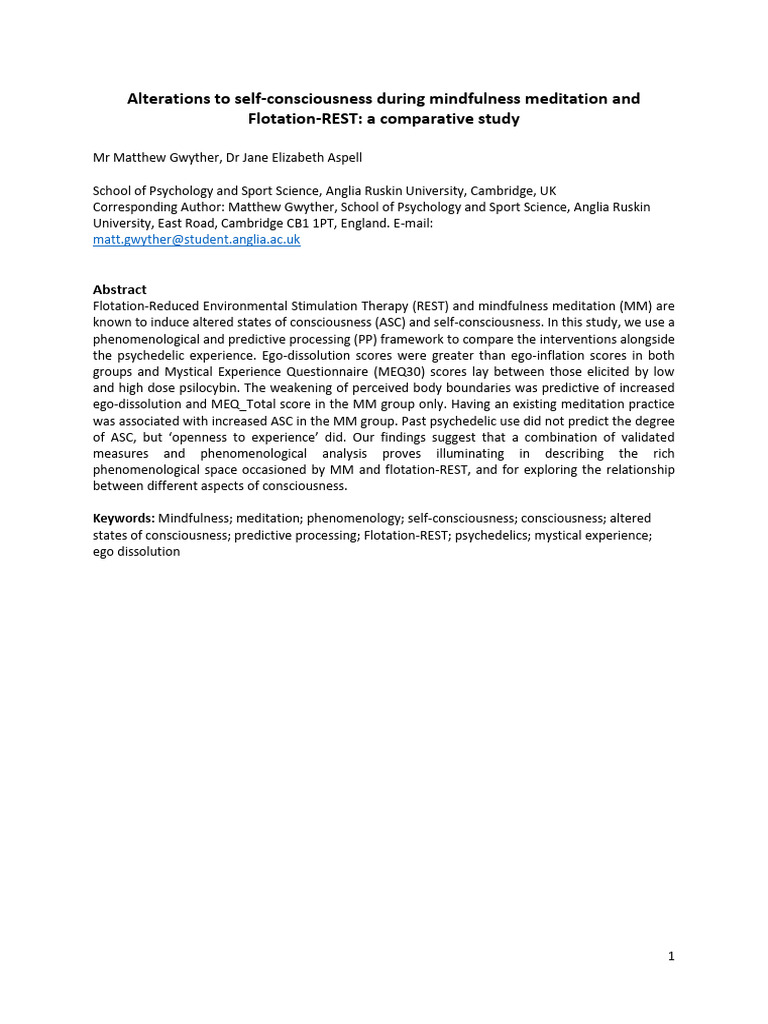 Alterations to self consciousness during mindfulness meditation and ...