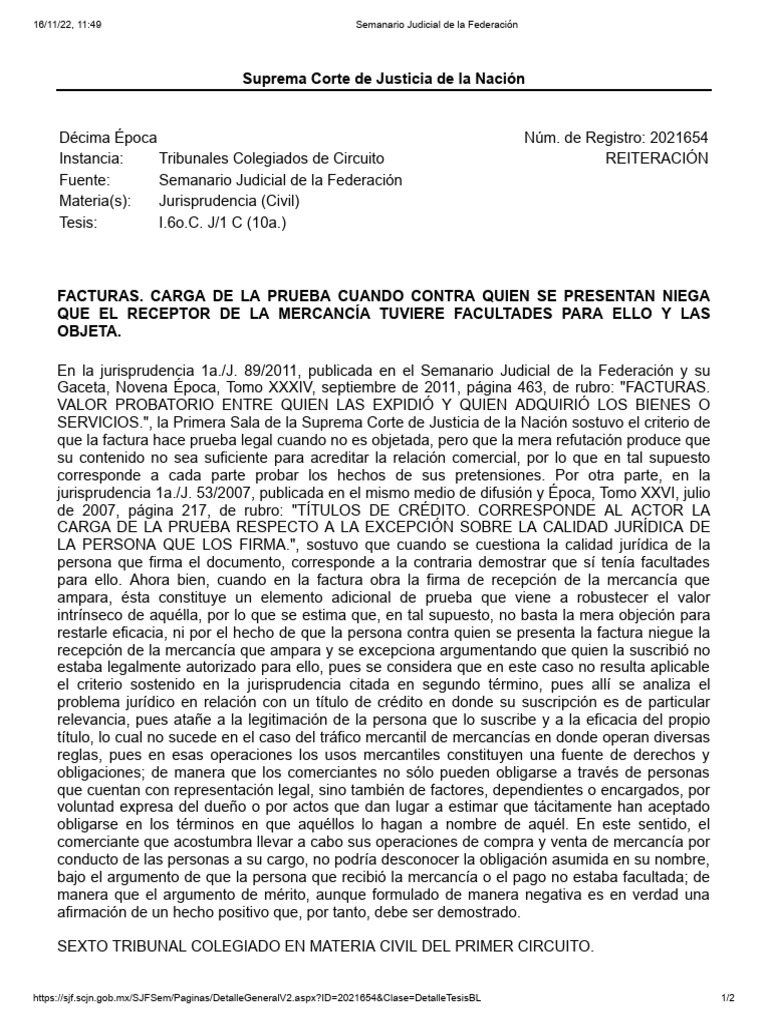 Tesis 2021654 FACTURAS. CARGA DE LA PRUEBA CUANDO CONTRA QUIEN SE ...