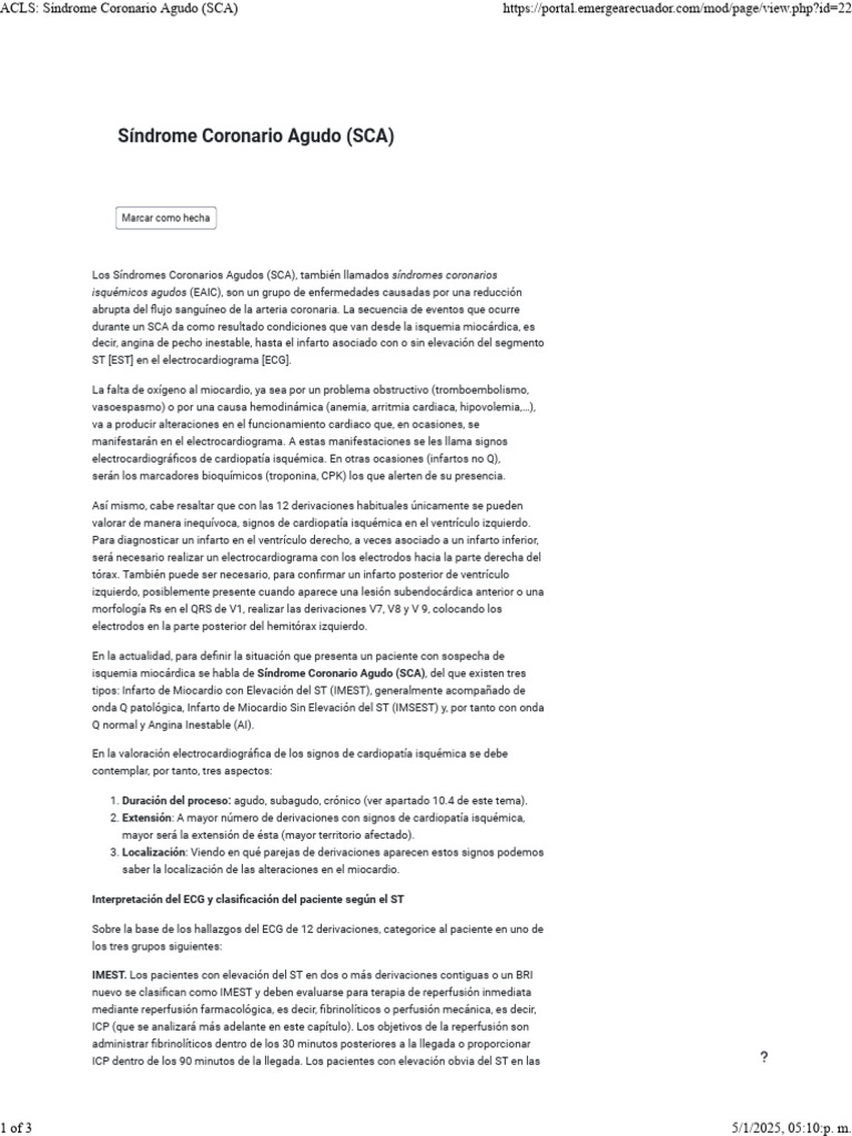 ACLS - Síndrome Coronario Agudo (SCA) | PDF | Infarto de miocardio | Isquemia