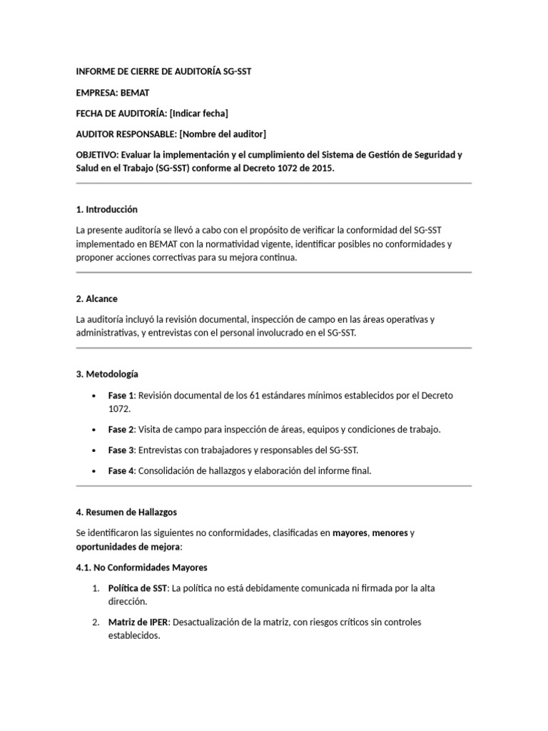 Auditoría SG-SST BEMAT: Hallazgos y Recomendaciones | PDF | Auditoría