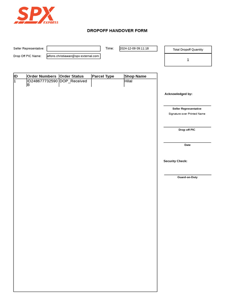 Dropoff Handover Form Details | PDF