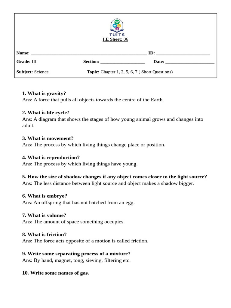Science - Grade 3 - I.E Sheet 06 | PDF
