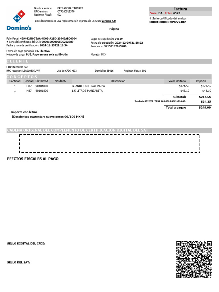Cfdi OTA2005153T0 DA 4523 | PDF