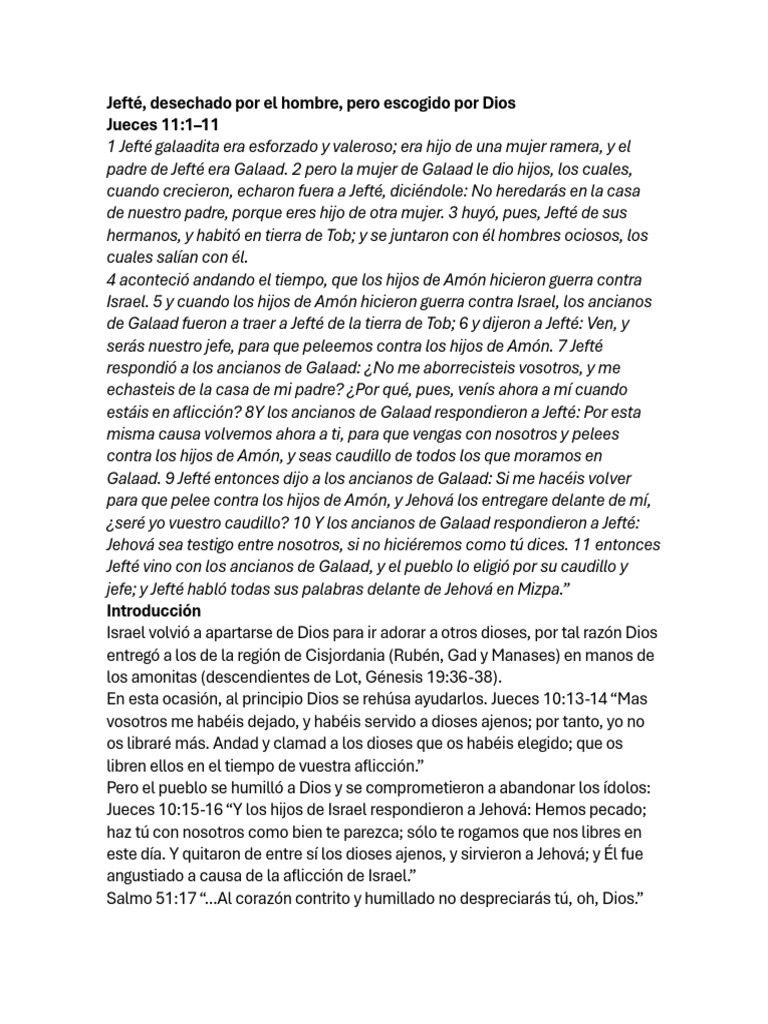 Jefté: Elegido por Dios a Pesar del Desprecio | PDF | Pecado | Creencia ...