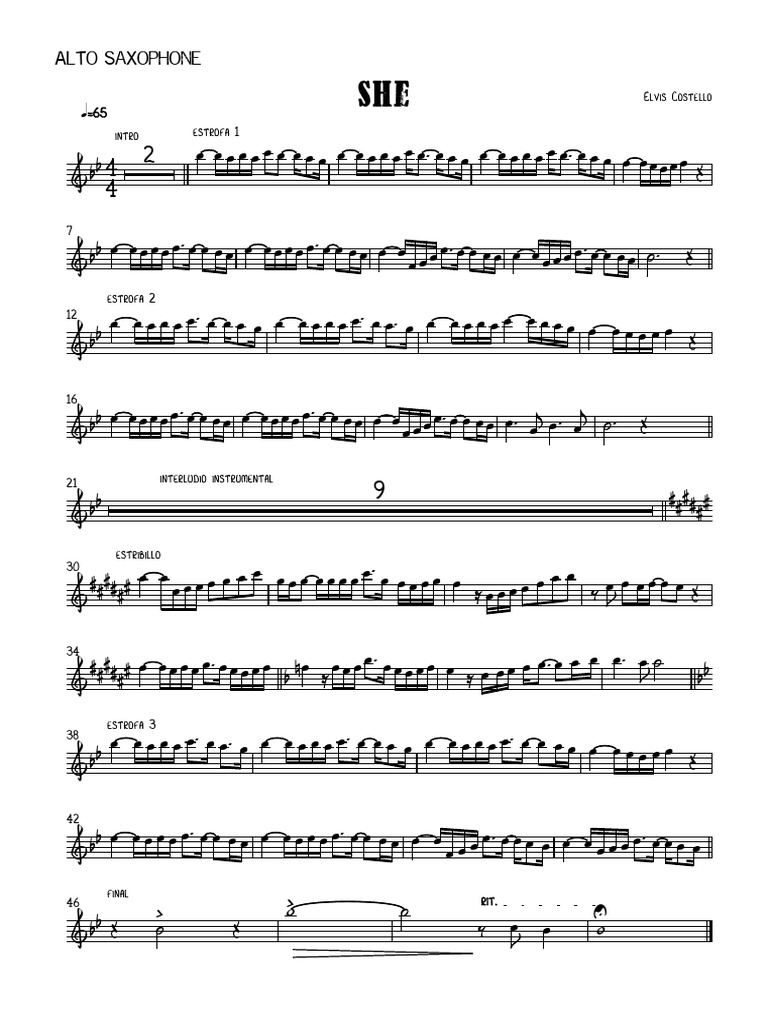 Alto Saxophone: Elvis Costello Intro Estrofa 1 | PDF
