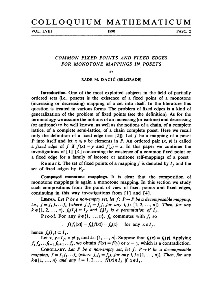 1990 - Dacic - Common Fixed Points and Fixed Edges For Monotone Mappings in Posets | PDF