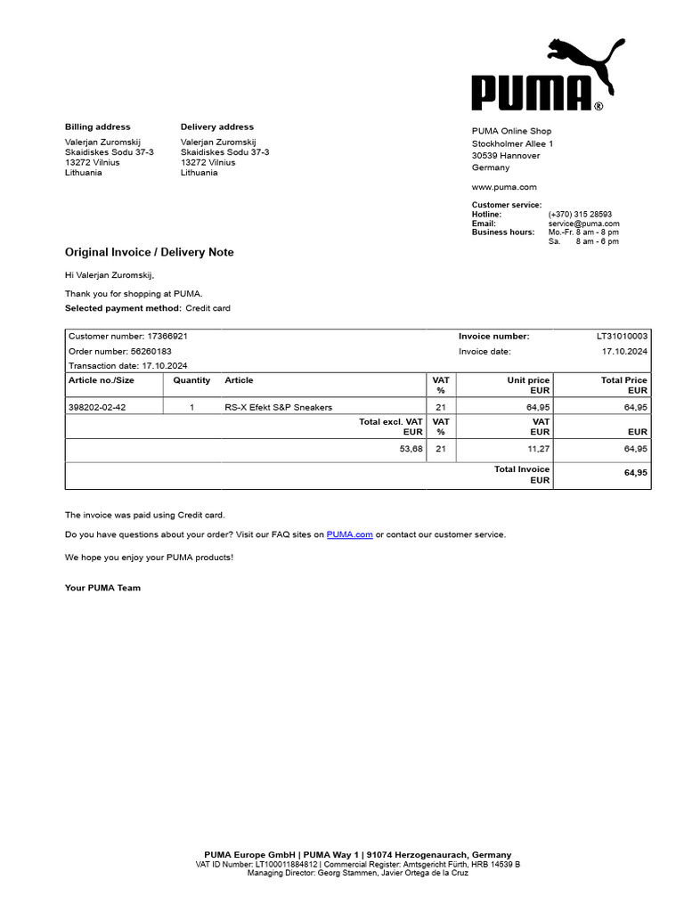 PUMA Order Invoice and Return Instructions | PDF | Invoice | Business