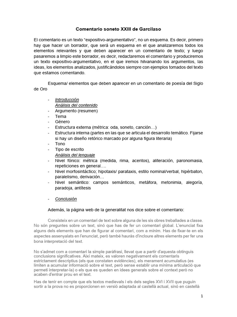 Comentario Soneto XXIII de Garcilaso de La Vega | PDF | Sonetos