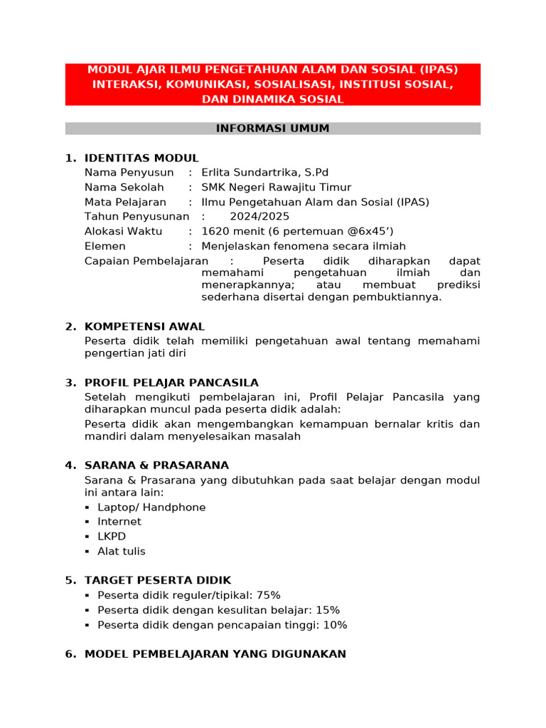 6 Modul IPAS E Interaksi, Komunikasi, Sosialisasi, Institusi Sosial | PDF