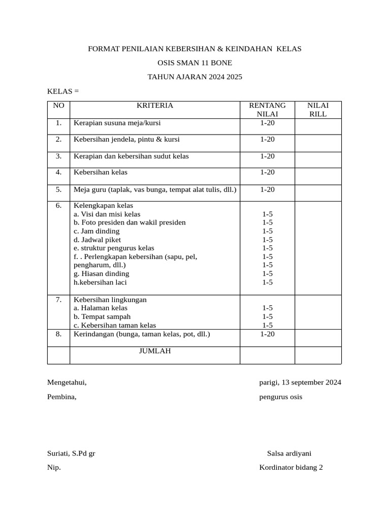 Format Penilaian Kebersihan | PDF