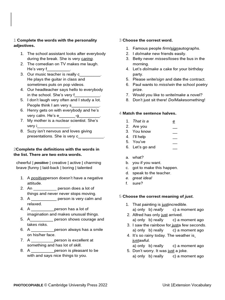 10 Worksheet Unit 1 Vocabulary 1 | PDF