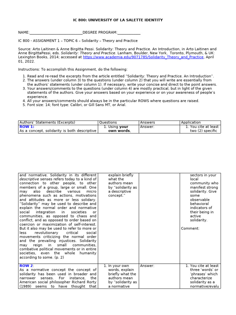 IC 800-ASSIGNMENT 1 – TOPIC 6 – Solidarity - Theory and Practice. an ... IC 800-ASSIGNMENT 1 – TOPIC 6 – Solidarity - Theory and Practice. an ...