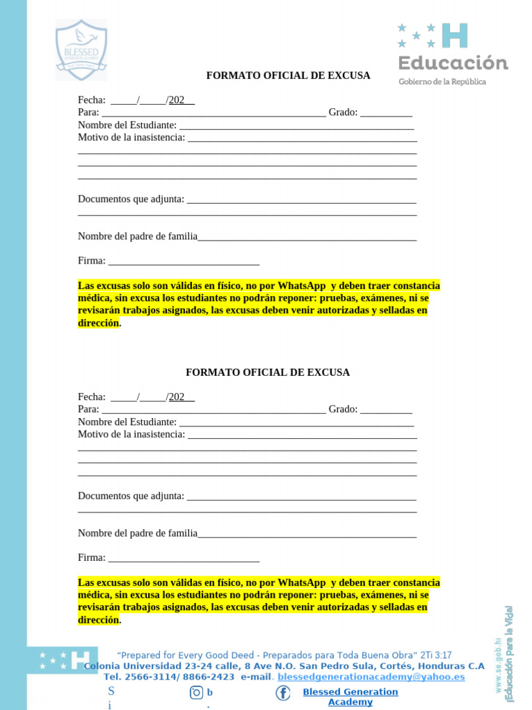 Formato de Excusa Escolar | PDF
