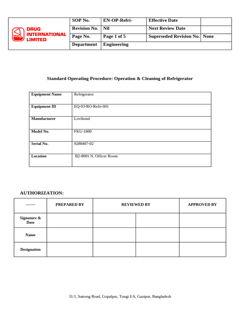 Operation SOP of Refeigetor | PDF | Refrigerator | Manufactured Goods