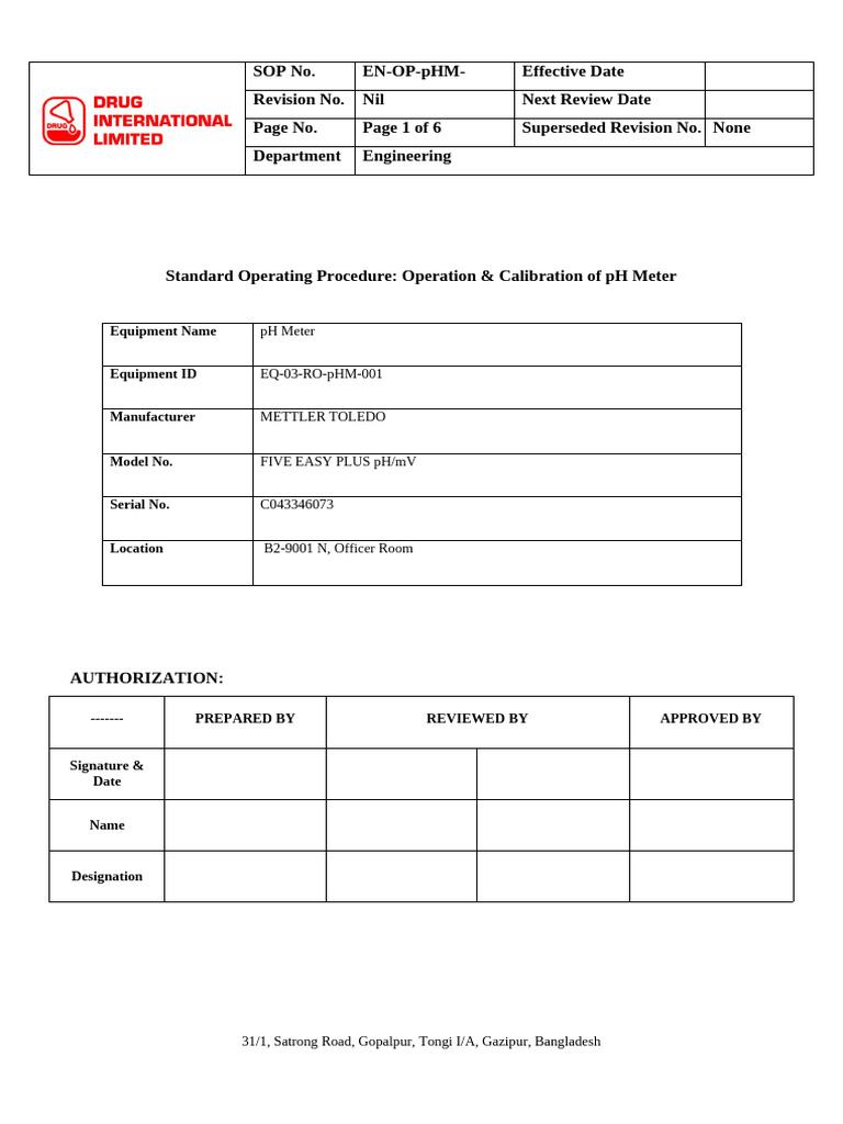 Operation SOP of PH Meter | PDF | Ph | Buffer Solution
