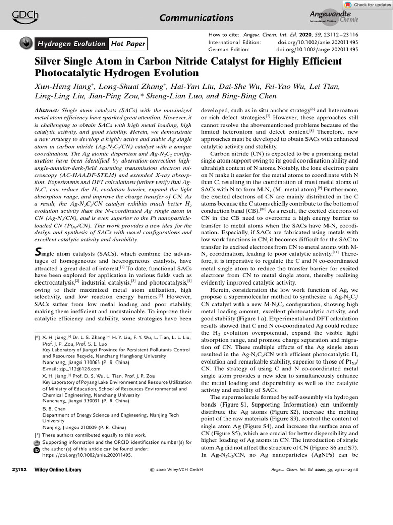 Angew Chem Int Ed - 2020 - Jiang - Silver Single Atom in Carbon Nitride ...