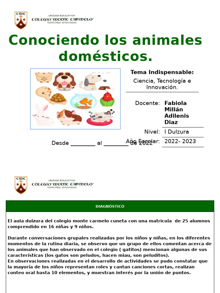 Proyecto Conociendo Los Animales Domesticos Aula Dulzura | PDF | Salón ...