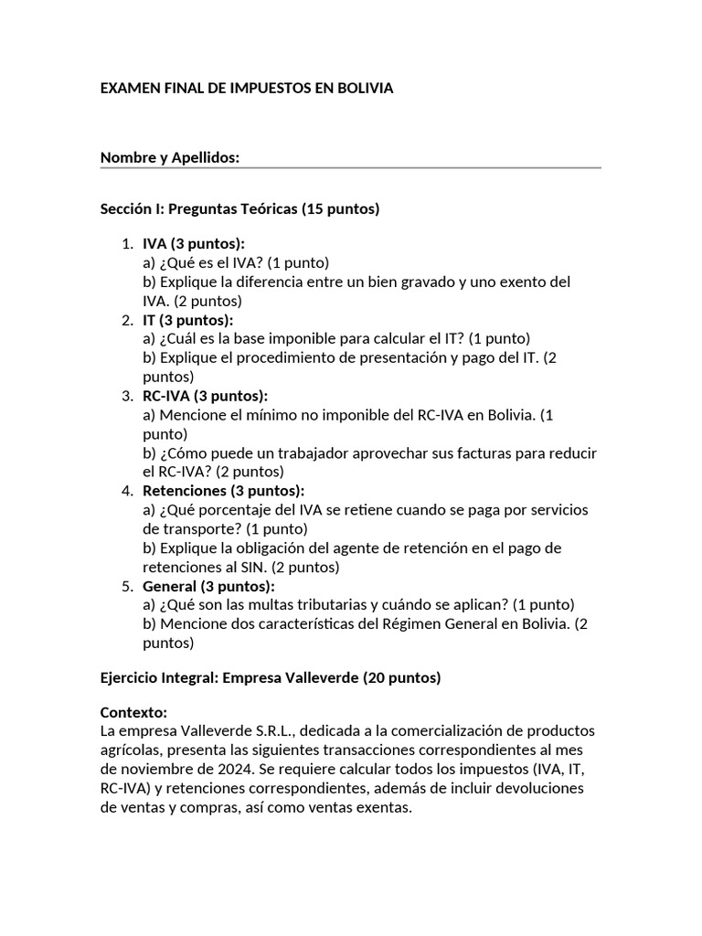 Examen Final de Impuestos en Bolivia | PDF | Impuesto al valor agregado | Impuestos