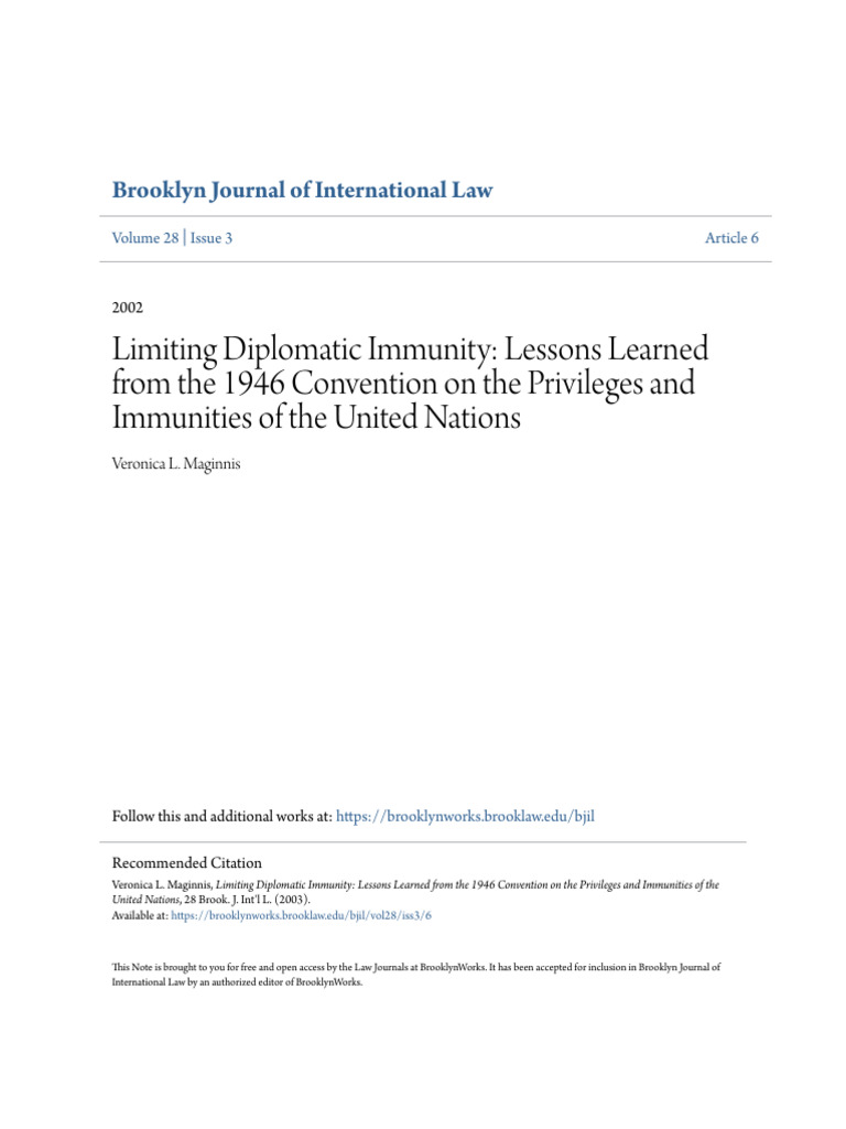 Limiting Diplomatic Immunity - Lessons Learned From The 1946 Conv | PDF ...