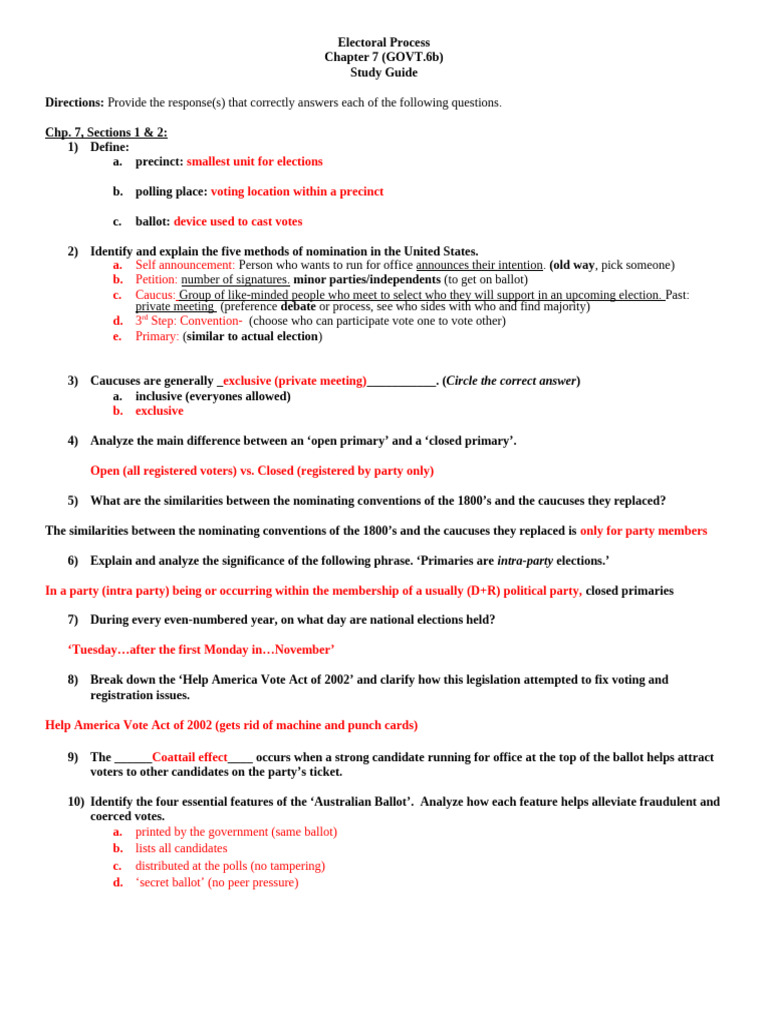 Chp. 7 (The Electoral Process - GOVT. 6b) - Study Guide | PDF ...