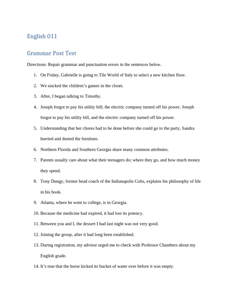 Grammar Post Test | PDF