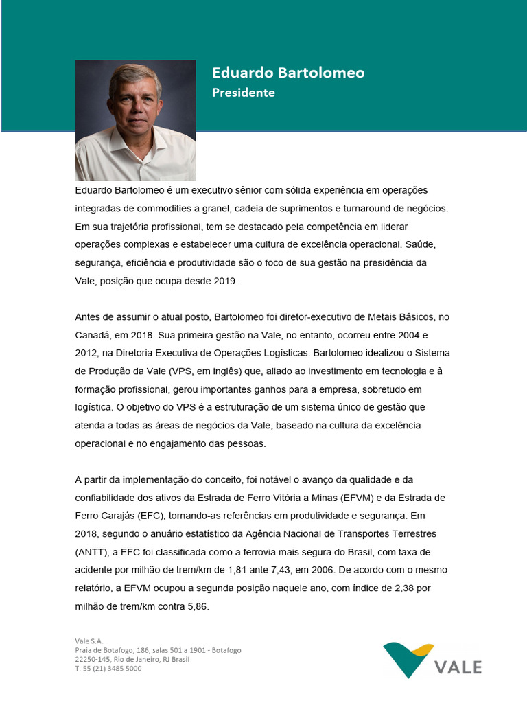 Eduardo Bartolomeo Diretor Presidente Vale | PDF