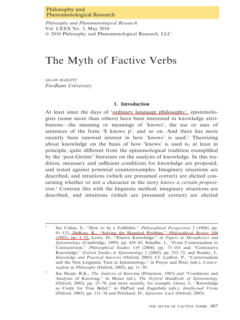 The Myth of Factive Verbs Tok - HAZLETT-2010 | PDF | Epistemology | Knowledge