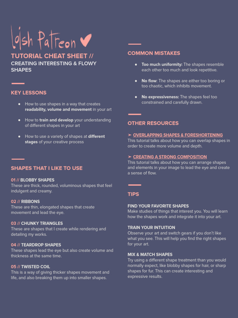 Loish Tutorial Cheatsheet Creating Interesting and Flowy Shapes | PDF
