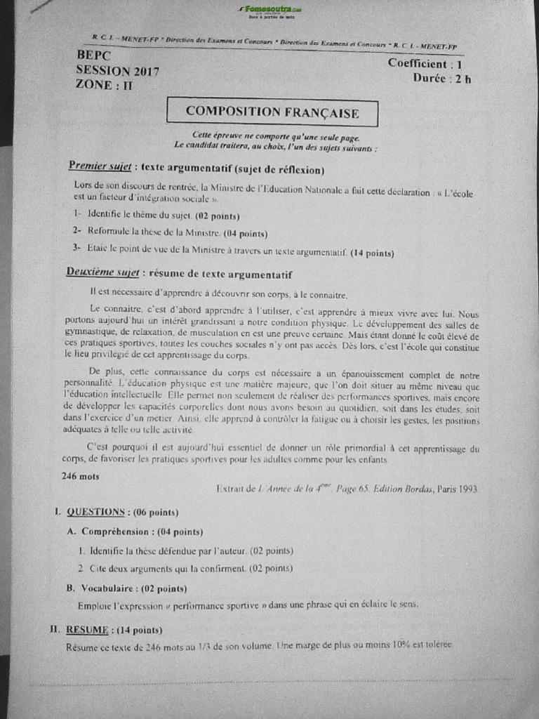 612b7c792d6d6sujet Corrige Et Bareme Composition Francaise Bepc (1) | PDF