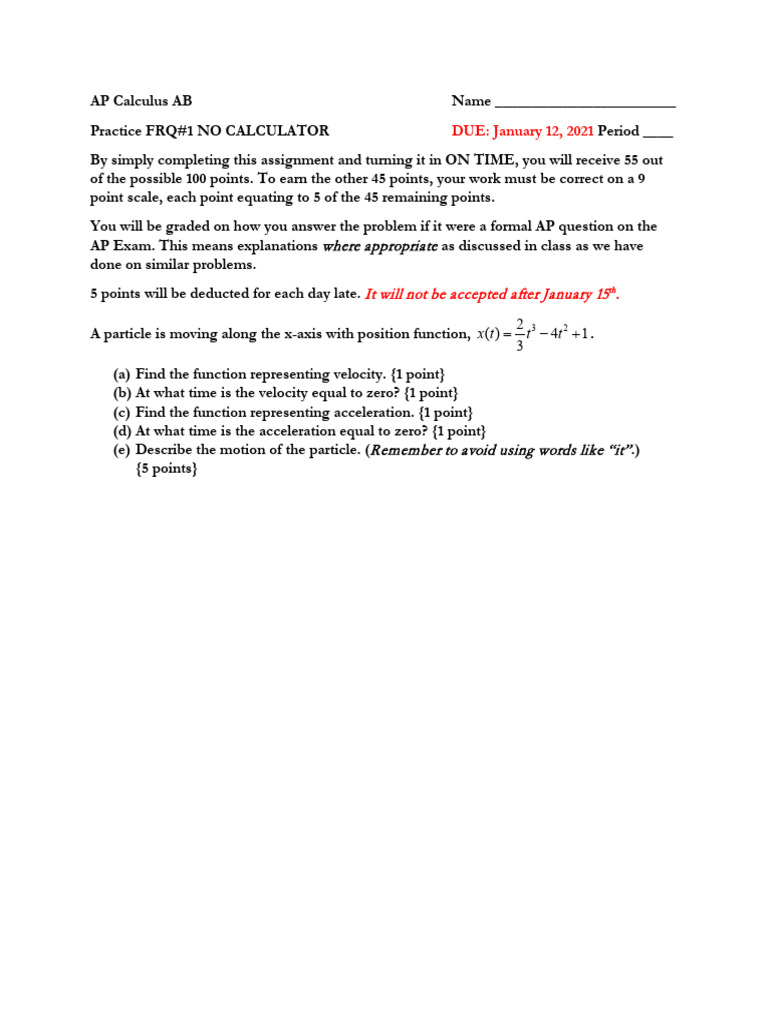 Practice FRQ#1 Particle Motion | PDF