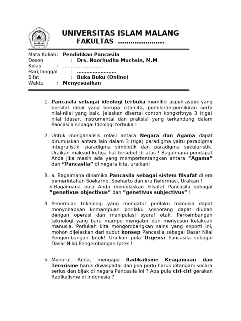 Soal Khusus Uas Pancasila 2025 | PDF