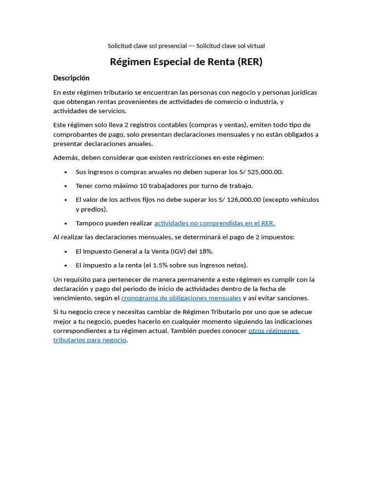 REGIMEN TRIBUTARIO RER JOSVI | PDF | Impuestos | Economias