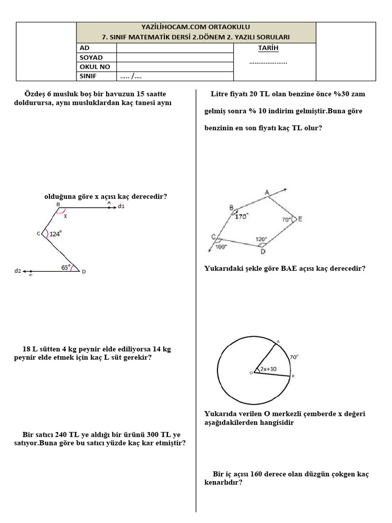 yazilihocam.com-------7.sınıf matematik 2.dönem 2.yazılı-3 | PDF