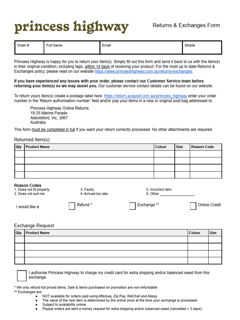 Princess Highway Returns Form | PDF | Business