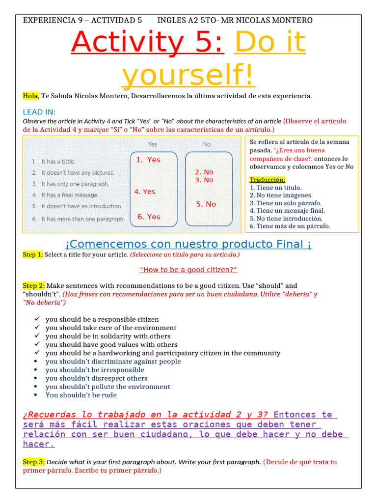 Inglés A2 5to (Activity 5) Exp 9 | PDF